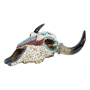 Ebros Gift Western Southwest Steer Bison Buffalo Bull Cow Skull With Mosaic Turquoise and Red Aztec Sun Teardrop Gems Decorative Jewelry Trinket Box Figurine Accent Macabre Ossuary Accent