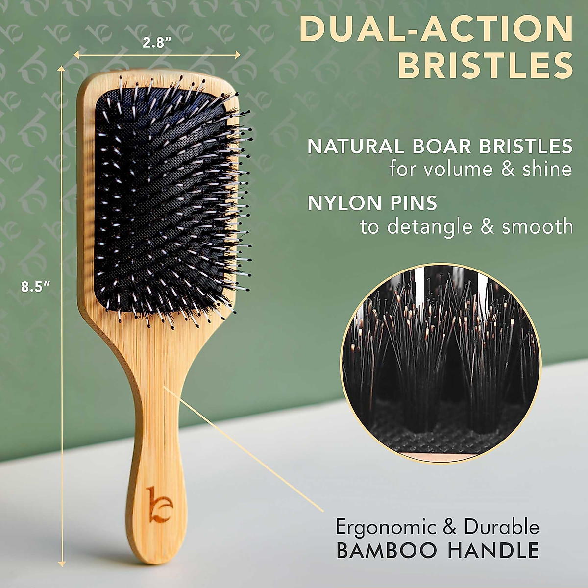 Boar Bristle Paddle Hair Brush - Smoothing Wood Brush for Thick, Curly & Wavy Hair, Detangling Natural Bristles for Women, Stimulates Scalp