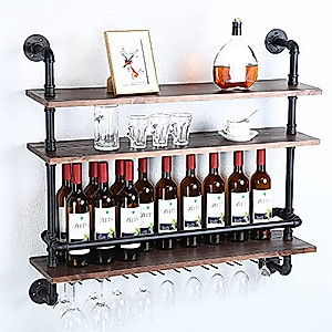 HAOVON Industrial Pipe Shelf Wine Rack Wall Mounted with 9 Stem Glass Holder,3-Tiers Rustic Floating Bar Shelves Wine Shelf,36in Real Wood Shelves Wall Shelf Unit,Pipe Shelving Glass Rack
