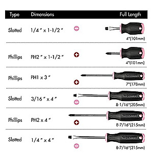 WORKPRO 6-Piece Pink Magnetic Screwdrivers Set, Includes 3 Slotted & 3 Phillips Screwdrivers, Stubby Screwdrivers, Hand Tool Kit for Woman-Pink Ribbon