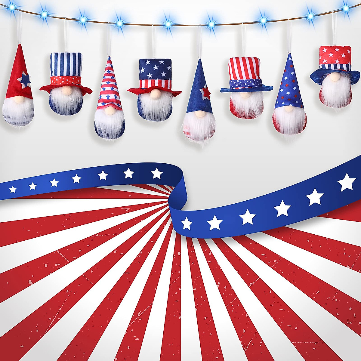 8 Pieces Patriotic 4th of July Gnome Ornaments American Independence Day Decorative Plush Dolls USA Classic Hanging Gnome with 6.6 Feet LED Light Chains for Home Garden Decoration, 8 Styles