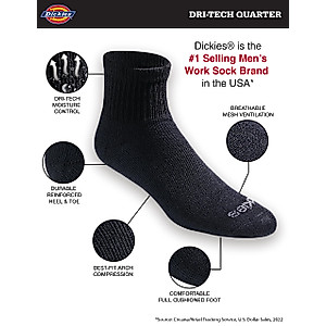 Dickies Men's Dri-Tech Moisture Control Quarter Socks (6, 18, Solid Black (12 Pairs), Large