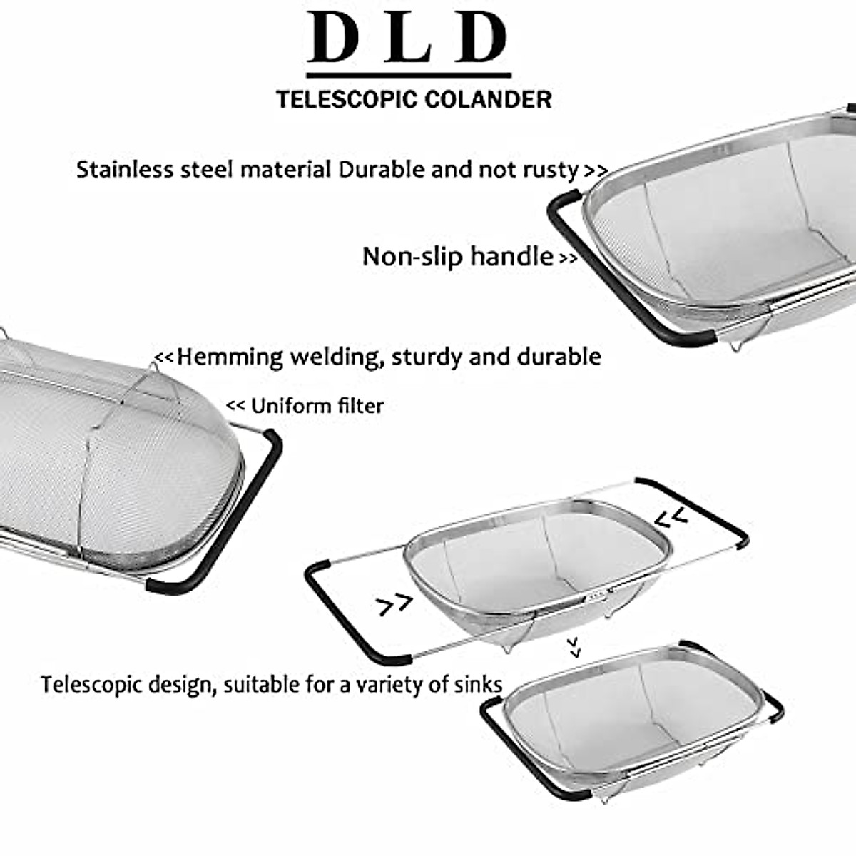 DLD colander stainless steel oval colander with fine mesh 6-quart strainer basket and expandable rubber handle-filter, drain and rinse fruits and vegetables