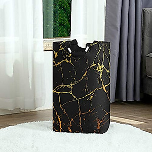 ALAZA Large Laundry Hamper Basket Black Marble With Gold Geometric Laundry Bag Collapsible Oxford Cloth Stylish Home Storage Bin with Handles, 22.7 Inch