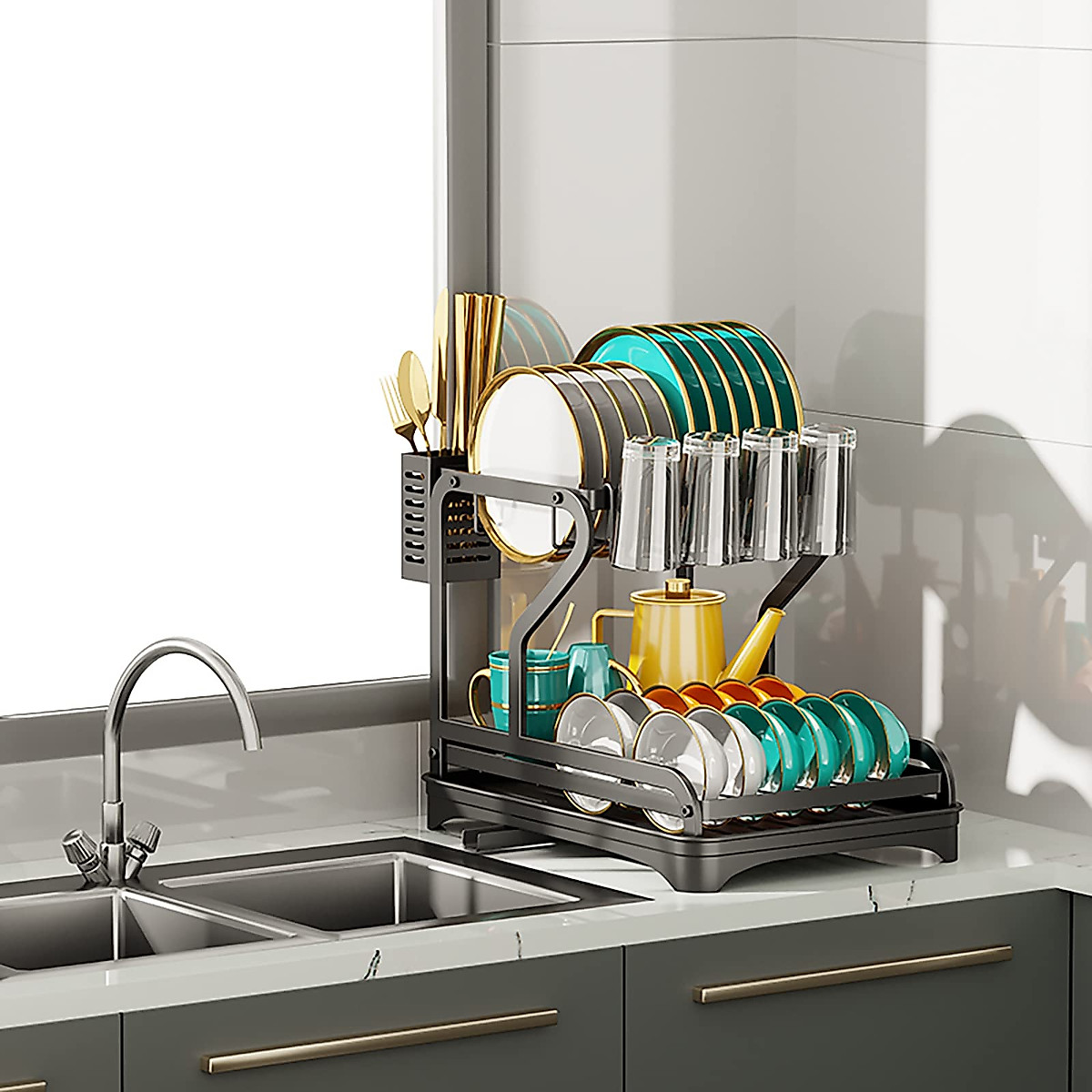 LIMORUNS 2 Tier Dish Rack Dish Drying Rack with Drainboard, Dish Drainer Rack with Utensils, Rustproof Large Black Dish Holders for Kitchen Counter Escurridor De Platos para Fregadero Father's Gift