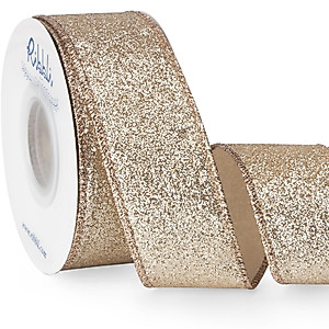Ribbli Champagne Gold Glitter Wired Ribbon,Champagne Ribbon with Metallic Edge,Christmas Ribbon for Wreath, ChritmasTree Decoration, Gift Wrapping,Home Decor, 1-1/2 Inch x 10 Yards