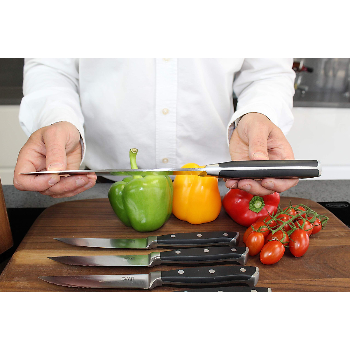 Taylor's Eye Witness Premier 9 Piece Kitchen Knife Wooden Block Set- Paring, All Purpose, Cook's, Santoku, Bread & 4 Steak Knives In Acacia Wood Holder. Full-Tang Triple Rivet. 15 YEAR GUARANTEE