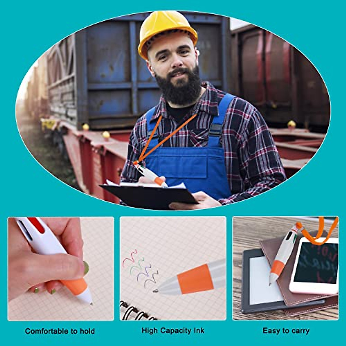 TIESOME Retractable Shuttle Pens with Neck Lanyard, 5 Pieces 4-in-1 Ballpoint Pens Multicolor Pens with Lanyard on Top for Office School Supplies Students Gifts Party Favors