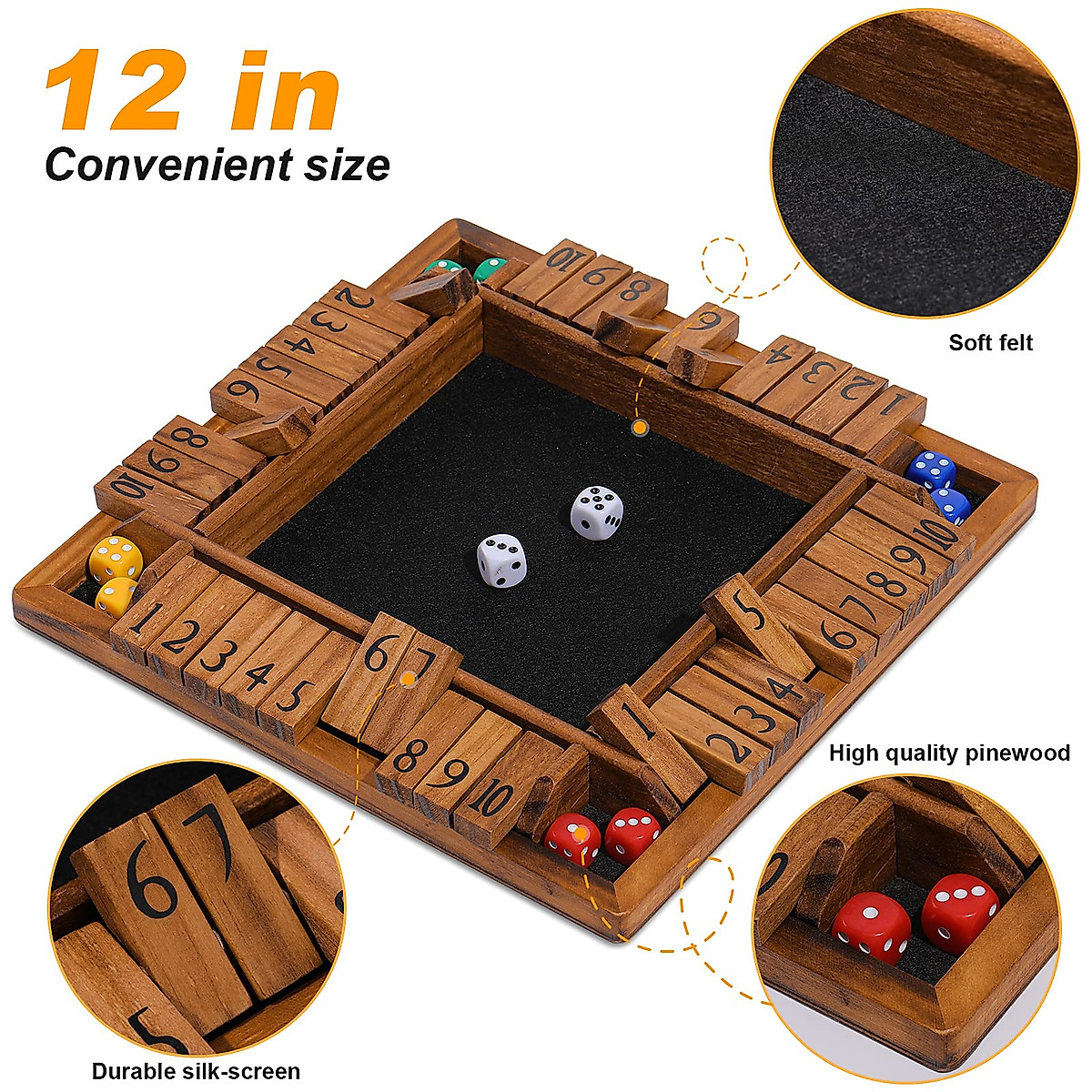 Crobyi Shut The Box Game Wooden for 1-4 Players，Educational & Fun Wooden Board Game with 10 Dice and Shut-The-Box Instructions for Kids & Family, Pub Dice Game for Adults. (12 Inches)