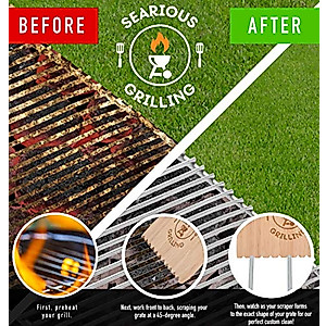 Searious Grilling Wood Grill Scraper Tool with Bottle Opener – Safe & Eco-Friendly BBQ Grill BrushAlternative – Grill Grate Cleaner,Wooden Tongs & Storage Bag Set