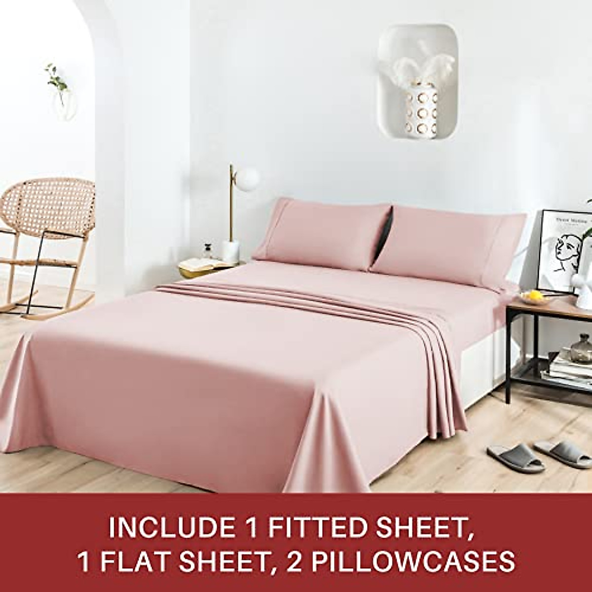 Mohap Bed Sheet Set 4 Piece Bedding Double Brushed Microfiber Soft Bedding Easy Care Full Pink