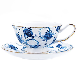 PMNING Tea cup and Saucer Set Royal Garden Style Tea Coffee Cup with Saucer 7 Ounces Bone China Teacup and saucer Set (Blue flower)