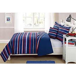 Elegant Home Decor Multicolor Light & Dark Blue Red White Striped Design Fun Colorful Quilt Bedspread Bedding Set with Decorative Pillow for Kids/Boys # Ocean (Twin)