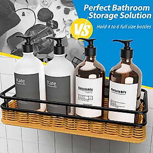 Getsrichfc Shower Caddy, 3 Pack Rustproof Stainless Steel, Weave Rattan, Adhesive Organizer, Large Capacity, Bathroom Storage, Black