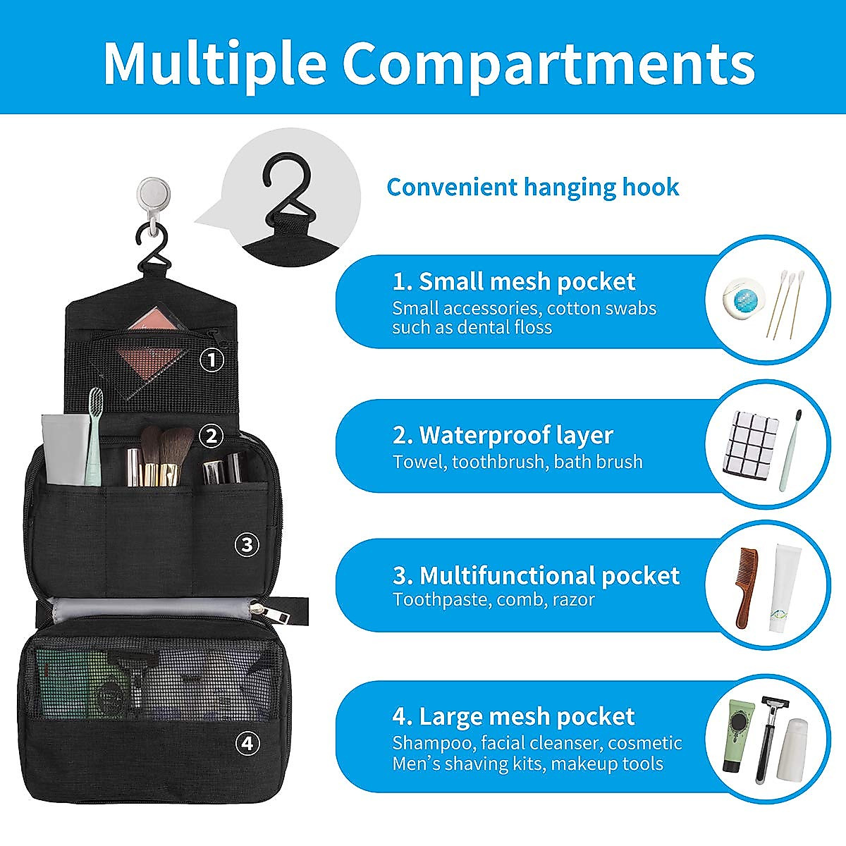 Travel Toiletry Bag Dopp Kit, Waterproof Hanging Toiletries Shaving Organizer Hygiene Bag for Women Men Compact Portable Gym Shower Bathroom Toiletry Storage Bag (Black)