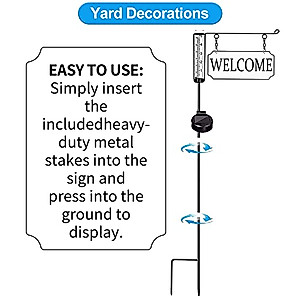 Uitpon 36" Rain Gauge Outdoor Decorative with Solar Powered Light,Metal“Welcome”Yard Sign Stakes with Plastic Rain Measure Gauge for Garden Lawn Decorations