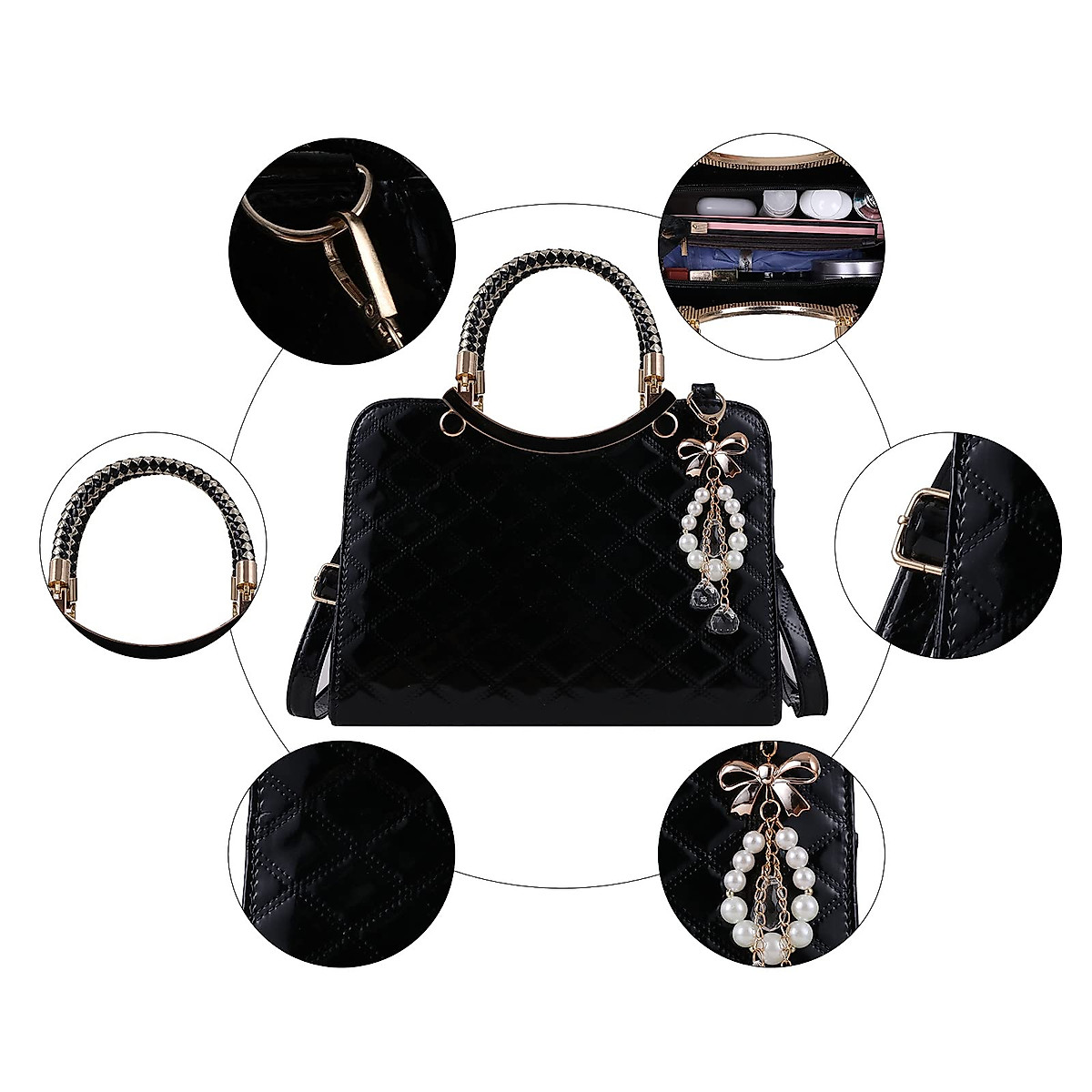 Qiayime Purses and Handbags for Women Shiny Patent Fashion Ladies Designer PU Leather Top Handle Satchel Shoulder Tote Crossbody Bags (Black)