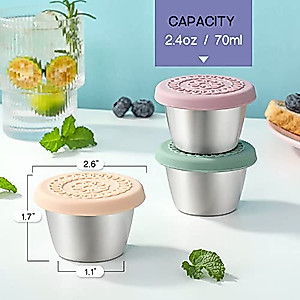 [8 Pack] Salad Dressing Container To Go, 2.4oz Small Condiment Containers with Lids, Reusable Stainless Steel Sauce Cups Containers, Leakproof Silicone Lids for Lunch Bento Box, Picnic and Travel
