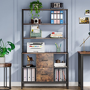 Tribesigns 2-Drawer File Cabinet for Letter Size, 6-Tier Vertical Filing Cabinet with Bookshelf Tall, Large Industrial Printer Stand with Open Storage Shelves for Home Office, Rustic Brown