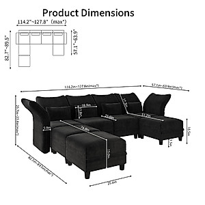 LLappuil Black Sectional Couch U Shaped 7 Seats, Chenille Sectionals Sofa Large Modular Sectional Sofa for Living Room with Reversible Chaise, Storage Seat, Deep Cushion
