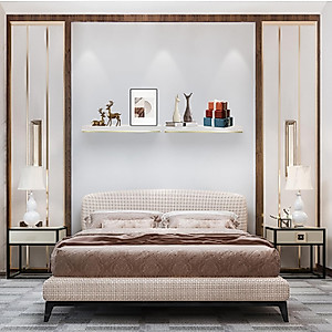 Thicked 1.78 inch Pine Wood White and Gold Shelves With Thicked 1/5 Inch Heavy Duty Bracket,16 ×6.5 Inch Gold Floating Shelves With Stainless Steel Trim Strip,White Gold Shelves for Wall set of 2