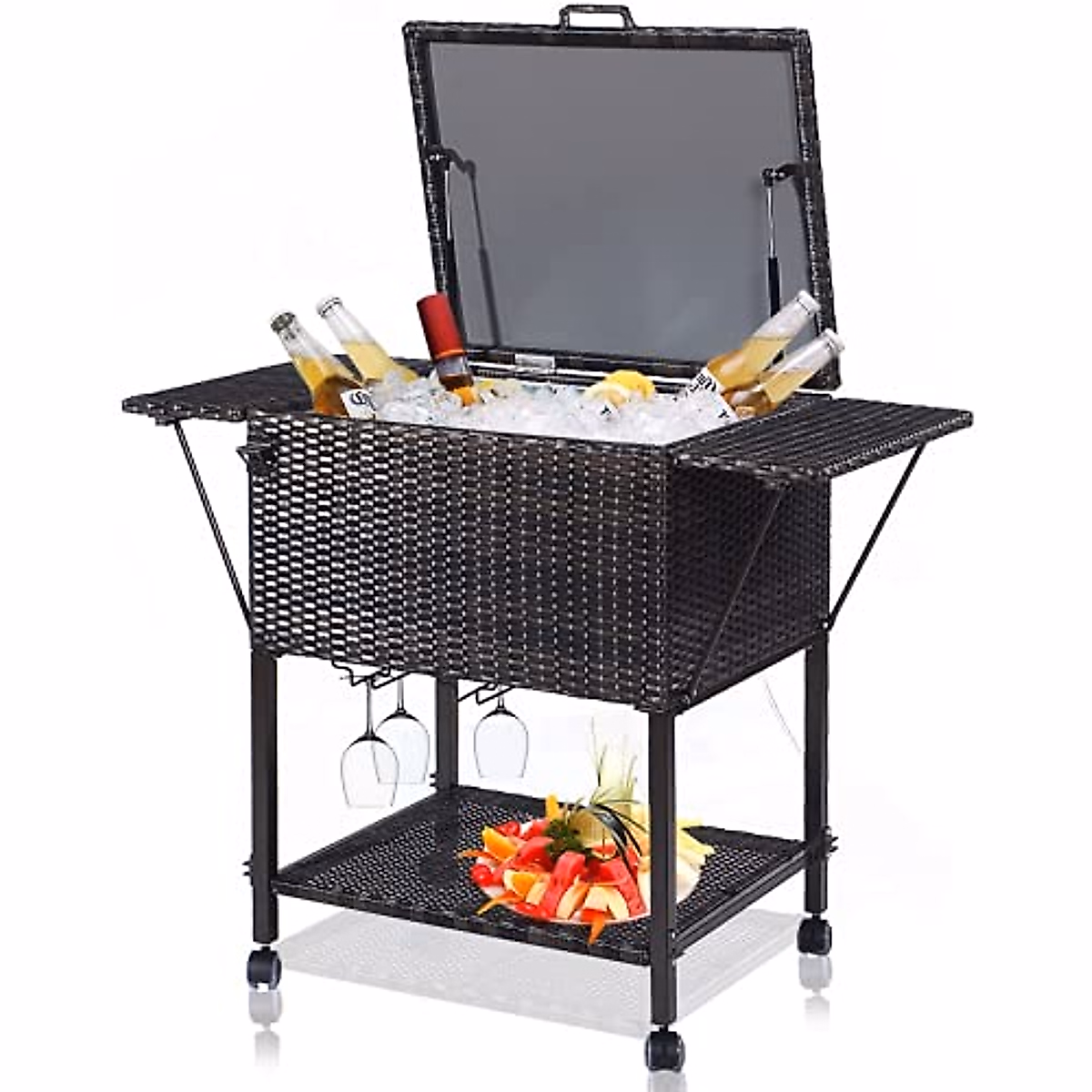 Nightcore 108 Quart Rattan Beverage Cooler Cart, Rolling Cooler with Shelf & Hanger, Ice Chest on Wheels, Portable Patio Backyard Cooler Trolley, Wicker Cooler Cart for Yard, Garden, Party