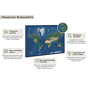 Modern World Satellite Wall Map with Push Pins | Push Pin Travel Map on Canvas | Personalized World Map with Pins | 24" x 32" up to 40" x 53"