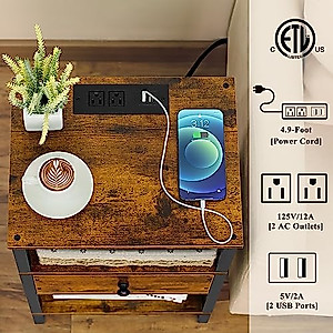 Lerliuo Nightstand with Charging Station and USB Ports, 3-Tier Storage End Table with Drawer Shelf, Night Stand for Small Spaces, Wood Bedside Table for Living Room, Bedroom - Retro Brown
