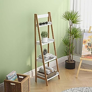 Heliosphere 4-Tier Ladder Bookcase with Solid Bamboo Frame, Versatile Wood Oxford “A” Frame Ladder Display Bookcase with 4 Open Shelves, Display Bookshelf for Home Office Living Room (White2)