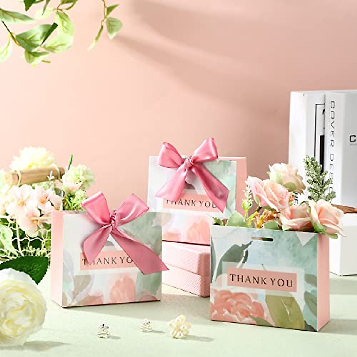 Pink Thank You Bags with Pink Bow Ribbon, Small Candy Goodie Gift Bags Treat Boxes for Wedding Bridal Baby Shower Business Party Supplies, 4.53 x 1.77 x 3.94 Inches (24 Pcs)