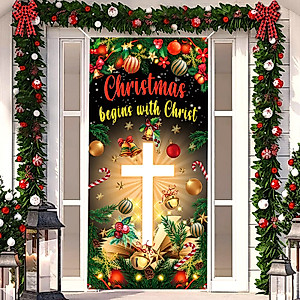 Christmas Cross Door Cover Nativity Cross Religious Door Decorations Banner Christmas Begins with Christ Porch Sign Photo Backdrop Background for Christmas Holiday Indoor Outdoor Home Decor
