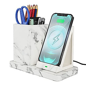 Wireless Charger with Desk Organizer, Wireless Charging Station for iPhone 14/14 Pro/13/12/11/Samsung Galaxy S23/S22/S21/S20/Note 20/Note 10, Wireless Charging Stand with Leather, Marble
