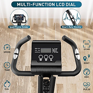 MAIBO Foldable Exercise Bike, Stationary Bikes for Home for Seniors, Exercise Equipment Full Body Workout Machines with Arm Resistance Band, Comfort Back Support Cushion & 4th gear Backrest Adjustments, Heart-Rate Monitor LCD Monitor