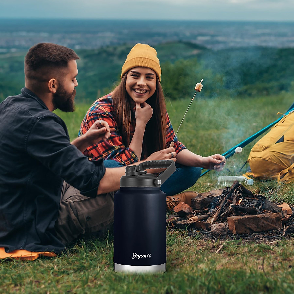 SkyWell 1 Gallon Insulated Water Bottle with Handle and Wide Mouth Water Flask Sweat-Proof and Leak-Proof 128 Oz Stainless Steel Water Jug for Outdoors, Navy