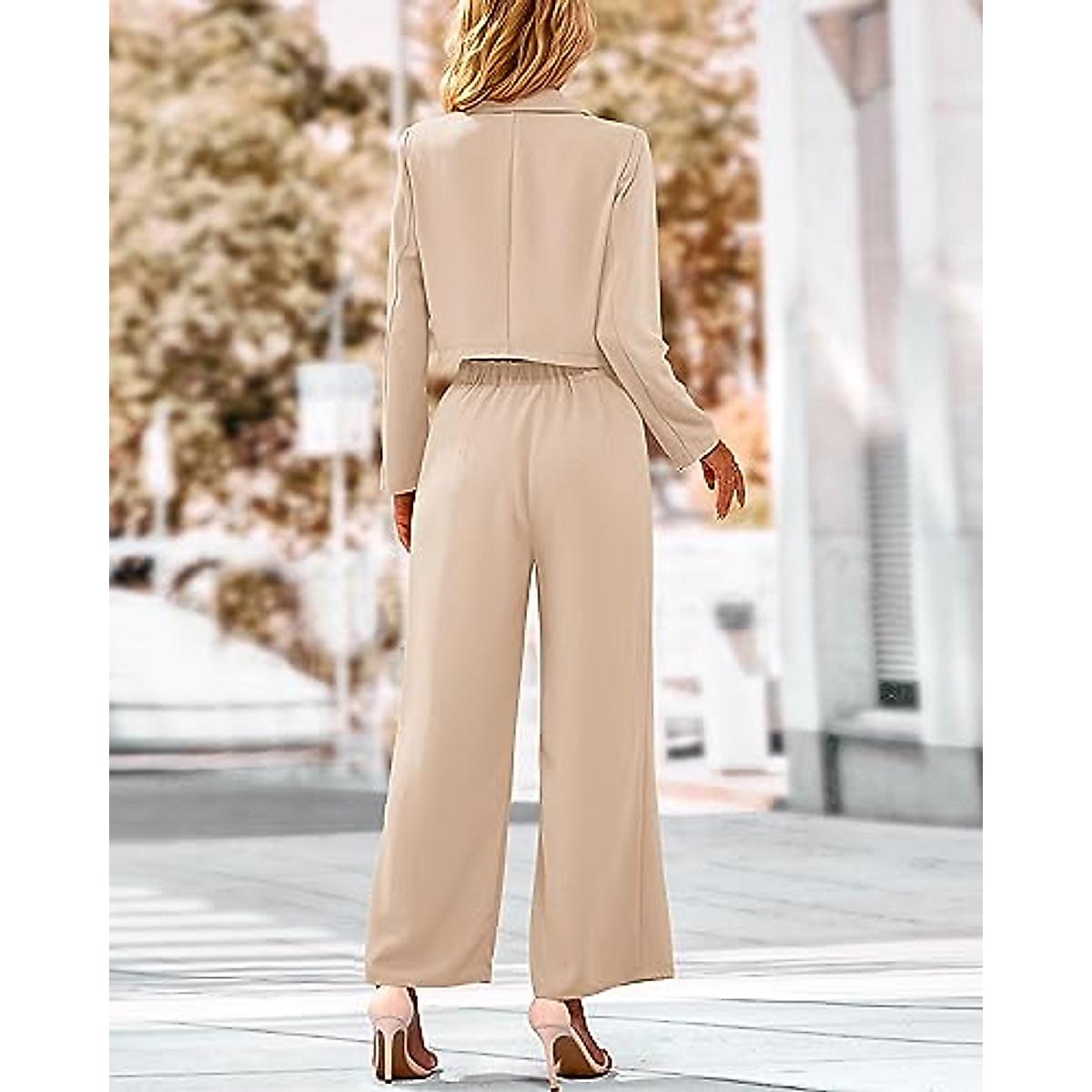 PRETTYGARDEN Women 2 Piece Sets Lapel V Neck Short Blazer Jackets Wide Leg Pant Suits Dressy Work Jumpsuits for Office(Solid Beige,Medium)