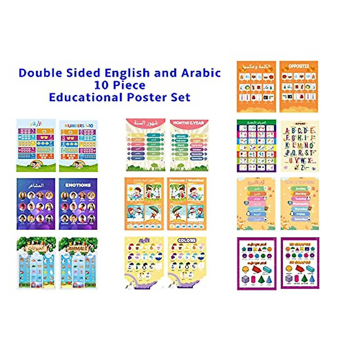 Dosmaxx 10 Large Arabic&English Educational Posters for Kids,Arabic Alphabet for Kids,Preschool, Homeschool,and Elementary Classroom Displays,Teach Numbers,Colors,Animals,Arabic Letters,Weather