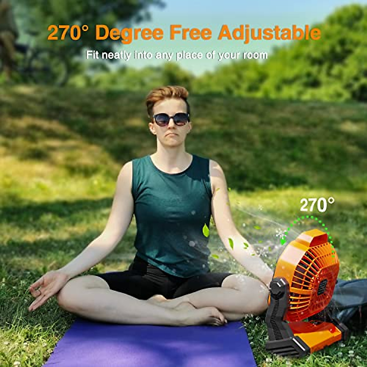 Camping Fan with LED Lantern, 25Hours Rechargeable Fan Portable Outdoor Tent Fan with Quiet Brushless Motor, 270°Head Rotation, Perfect Battery Operated Powered Fan for Picnic, BBQ, Fishing, Travel
