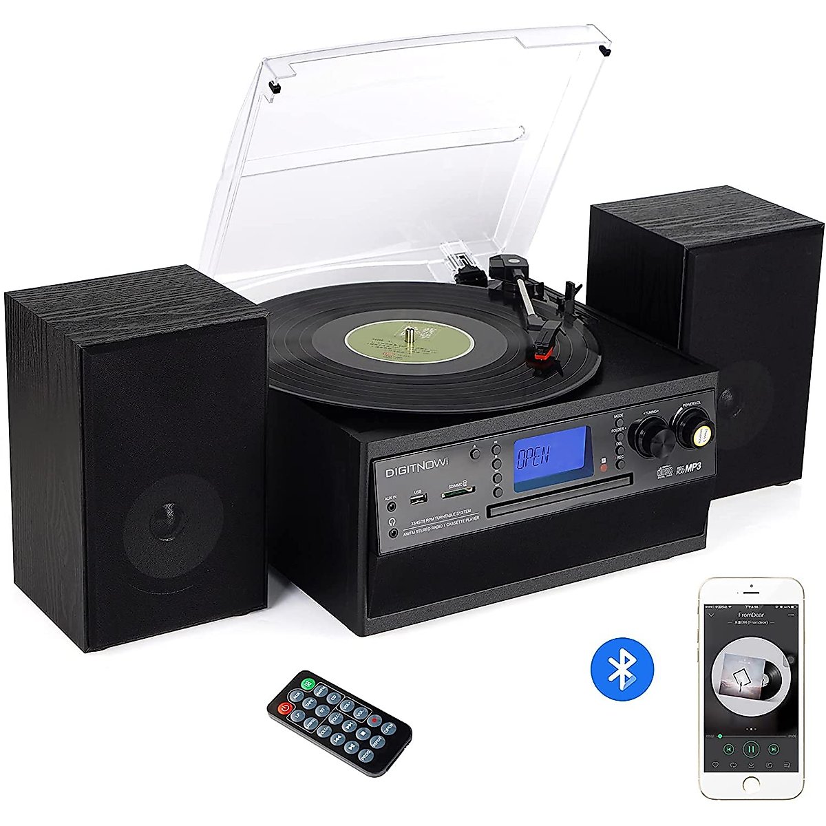 DIGITNOW Bluetooth Record Player Turntable with Stereo Speaker, LP Vinyl to MP3 Converter with CD, Cassette, Radio, Aux in and USB/SD Encoding, Remote Control, Audio Music Player Built in Amplifier