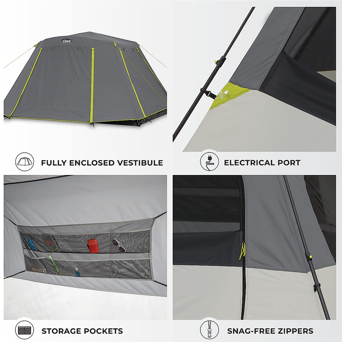 CORE 6 Person Instant Cabin Tent | Large Multi Room Tent for Family with Full Rainfly for Weather Protection and Storage for Camping Accessories | Portable Tent for Car Camping with Carry Bag