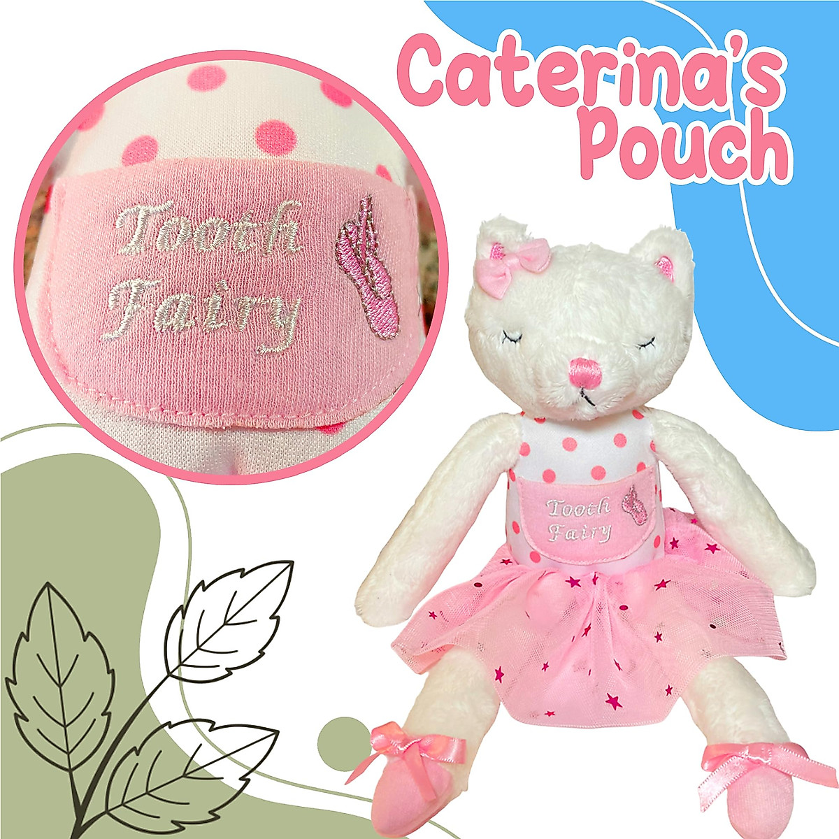 elskandi Caterina The Cat Ballerina Tooth Fairy Pillow for Girls, Perfect First Loose Tooth Gift, Tooth Fairy Doll for Girls Tooth Fairy Pillow with Pocket, Celebrate Milestones