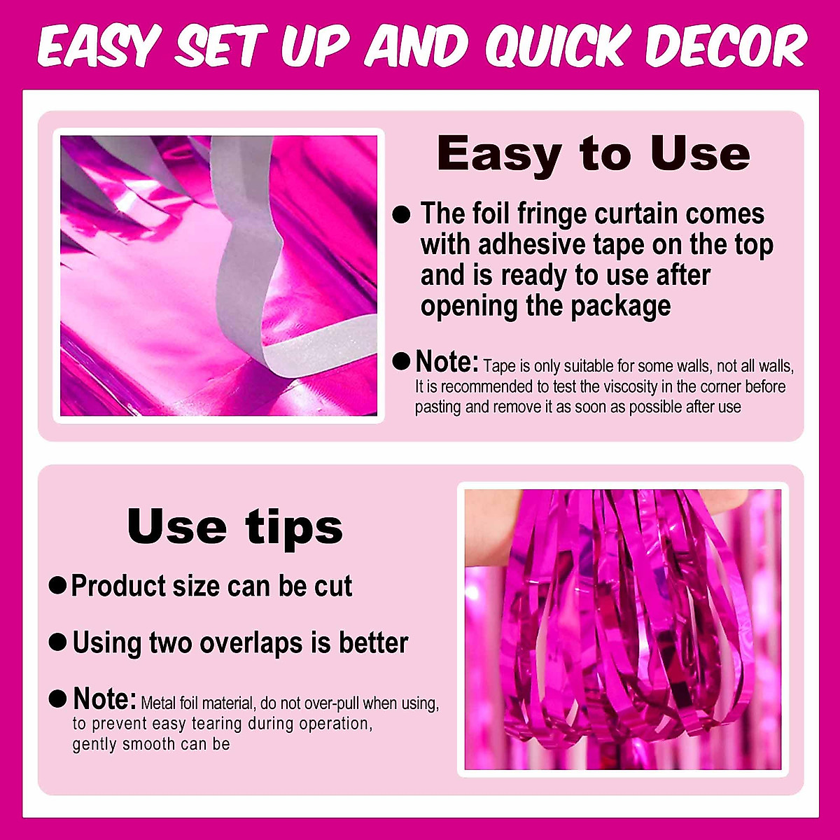 3 Pack Fuchsia Foil Fringe Curtains Backdrop, 3.28 x 8.2 Ft Metallic Streamers Tinsel Curtains Background for Photo Booth, Birthday, Halloween, Christmas, Thanksgiving, New Year Party Decorations