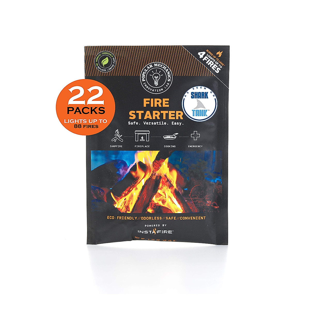 Insta-Fire Fire Starter (22 Packs) - Endorsed by Popular Mechanics - Camping, Emergencies, Hiking, Fishing, Boating, Fire Pits, Grilling, Survival, Food Storage, Boiling Water (as Seen on Shark Tank!)