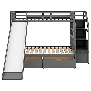 BIADNBZ Stairway Twin Over Full Bunk Bed with Convertible Slide and Stairs, Wooden Versatile Bunkbed w/Storage Drawers for Kids/Teens/Adults Bedroom, Gray