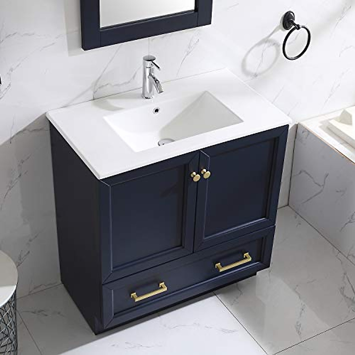 walsport Bathroom Vanity with Sink 32" Navy Cabinet White Undermount Ceramic Vessel Sink Vanities Set Chorme Faucet Drain with Mirror