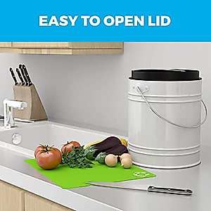 Cooler Kitchen 1.3 Gallon White Countertop Compost Bin - Kitchen Compost bin with EZ-No Lock Lid, Plastic Liner & Charcoal Filters - Sturdy Construction & Odor-Free Seal Dishwasher Safe