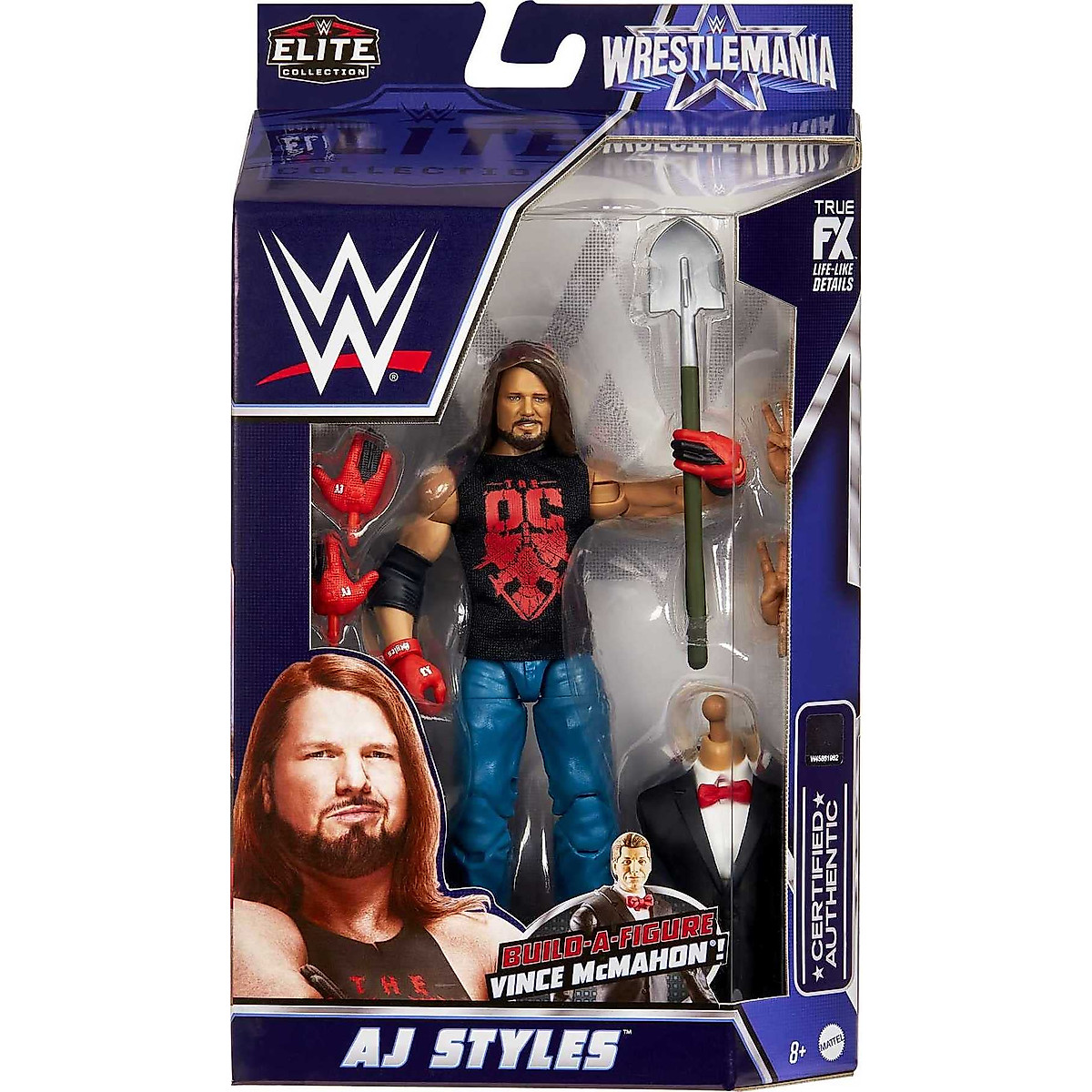 Mattel ​AJ Styles WrestleMania Elite Collection Action Figure with entrance shirt & Vince McMahon Build-A-Figure Pieces, 6-in / 15.24-cm Posable Collectible Gift for Fans Ages 8 Years Old & Up