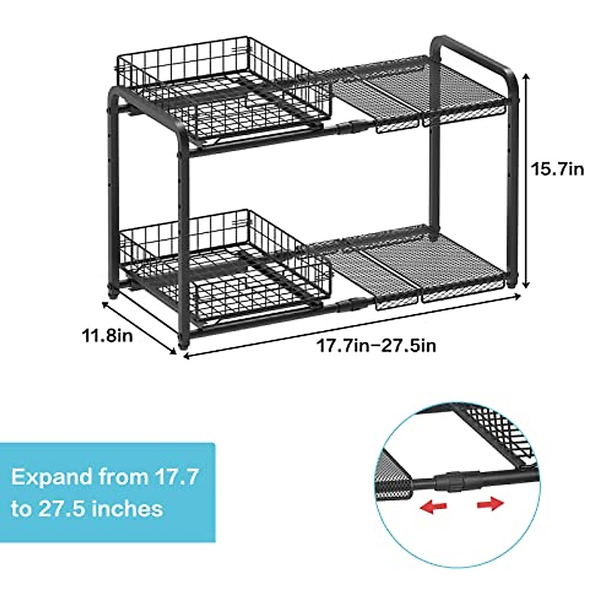 Expandable Under Sink Organizers and Storage, 2-Tier Cabinet Organizer Shelf with 2 Slide-out Baskets, Adjustable Large Under Sink Storage Racks for Bathroom Kitchen,Black