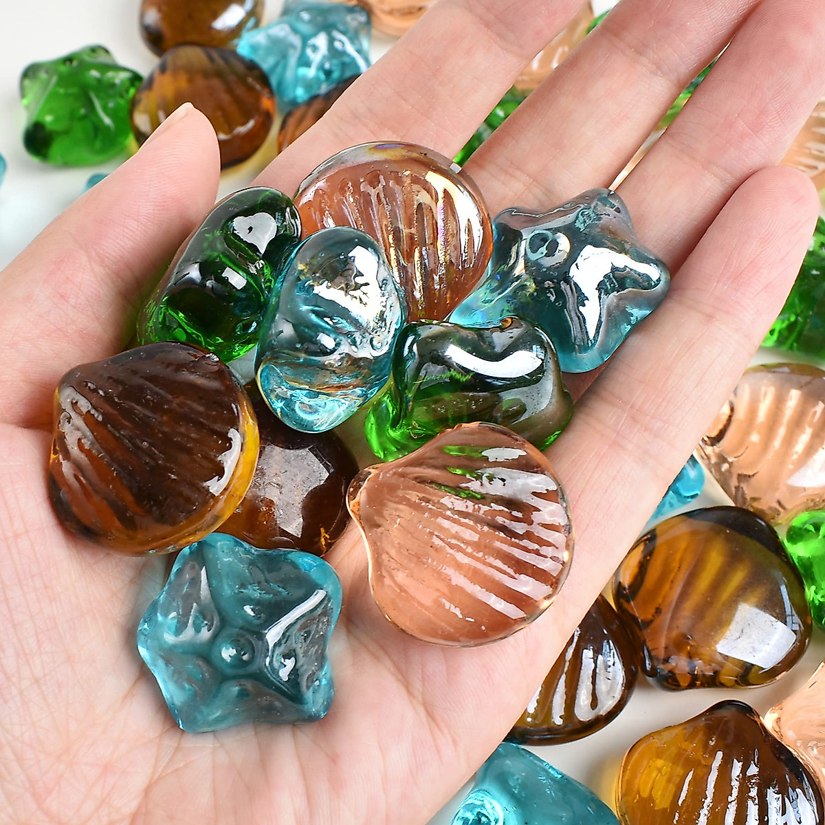 LUEYAO Seashell Starfish Glass Vase Filler Decorative Stars Shells Shape Premium Glass Beads Gems Aquarium Pebbles Decorative Table Scatter Decor 1.3 LB 40 PCS