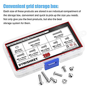 DYWISHKEY 200 Pieces M4 x 5mm/6mm/8mm/12mm/16mm/20mm/25mm Stainless Steel 304 Hex Button Head Cap Bolts and Nuts Kit