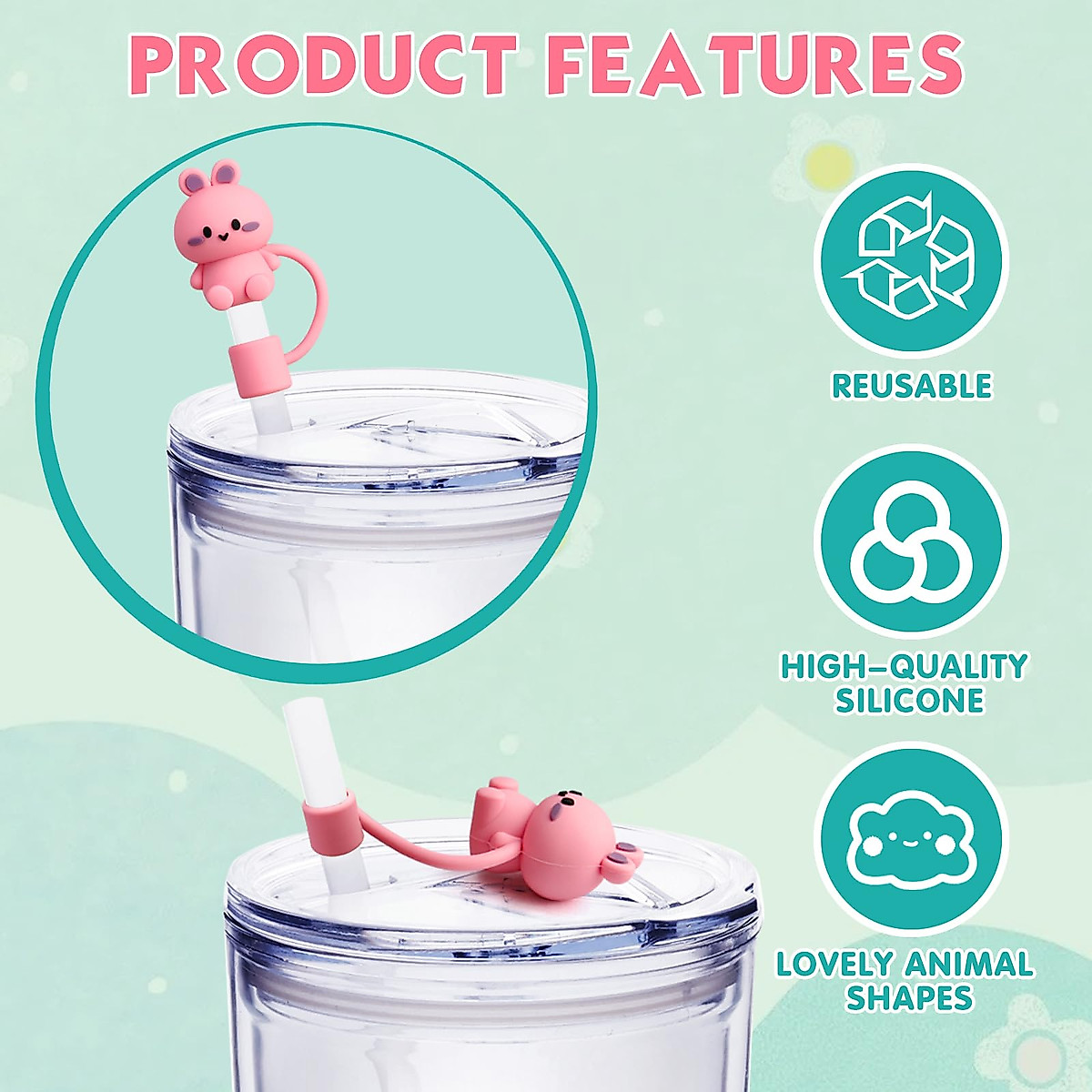 6Pcs Straw Covers Cap, Cute Animals Silicone Straw Toppers Compatible with Stanley Cup, Drinking Straw Caps for 0.4 Inch/10 mm Straw Tips